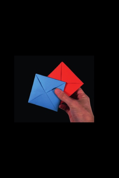 Black cover with red and blue origami