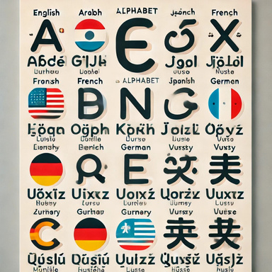 Known Alphabet in six languages and each letter has an example for the ...