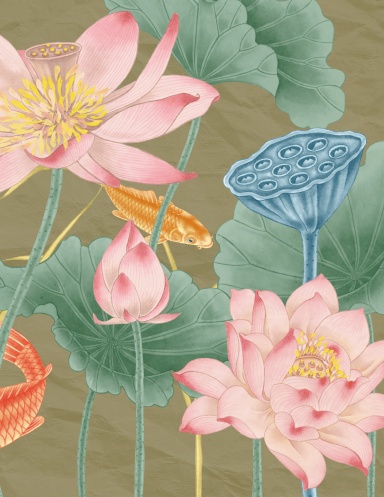 Green Mi Zi Ge Line Notebook - Lotus and Carp - Chinese and Japanese ...