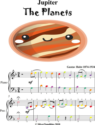 Jupiter the Planets Easy Piano Sheet Music with Colored Notation Jupiter the Planets Easy Piano Sheet Music with Colored Notation